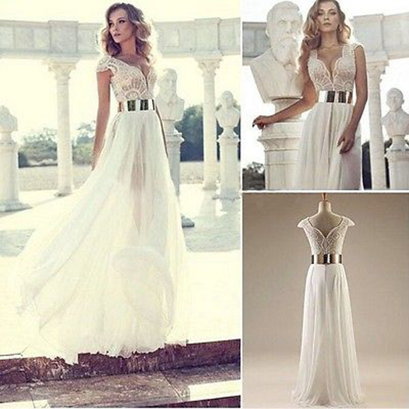White Ivory Sexy Lace Wedding Dresses Long Chiffon Bridal Gowns Cap